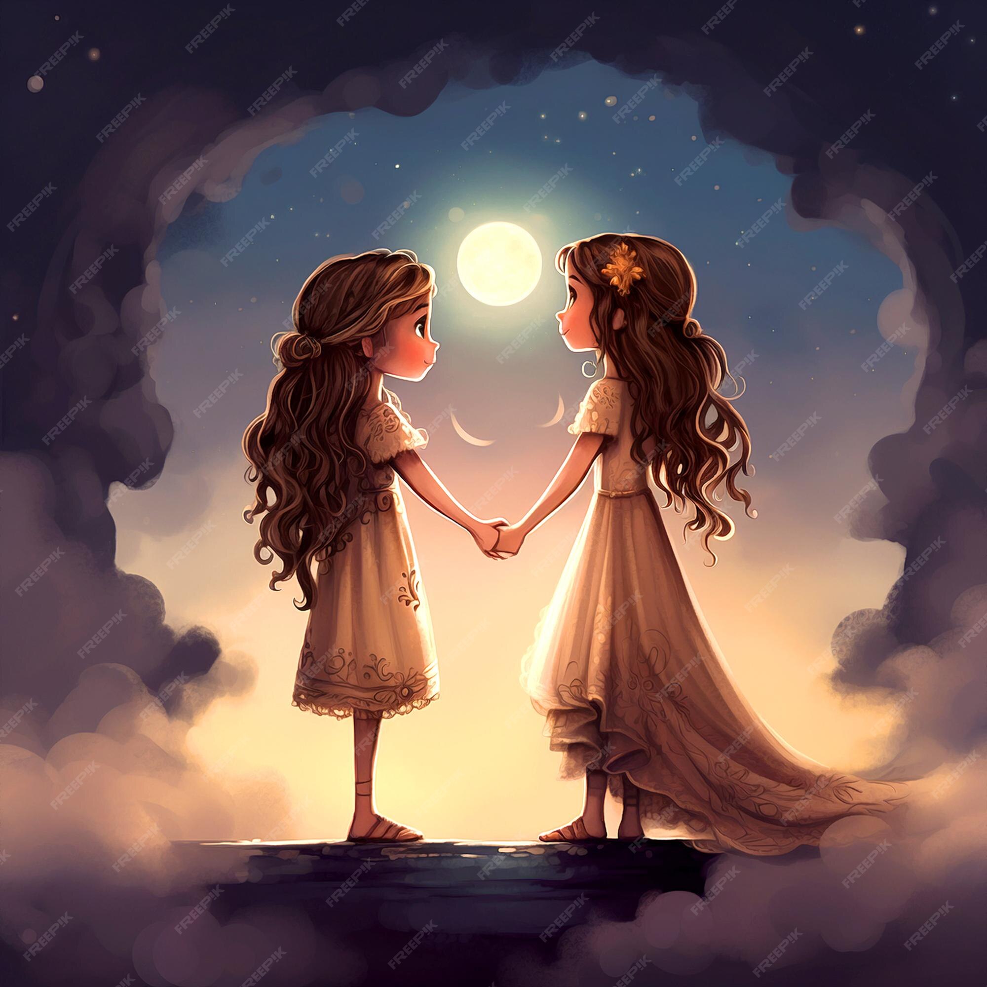 Premium AI Image | A cartoon of two young girls holding hands in the sky. Premium AI Image | A cartoon of two young girls holding hands in the sky.