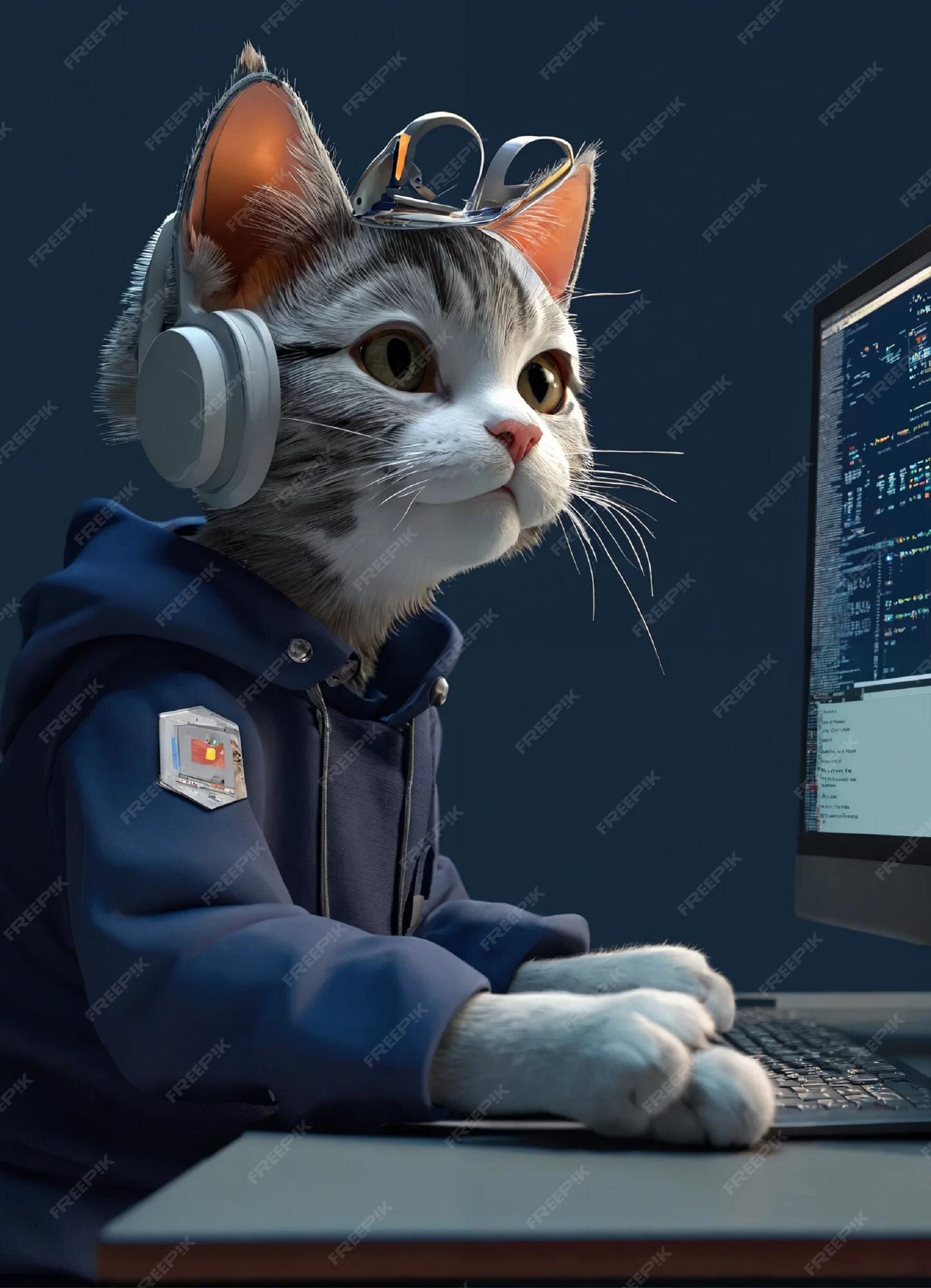 Premium Photo | Cat programmer sitting at a computer with 3 screens displaying programming code ...