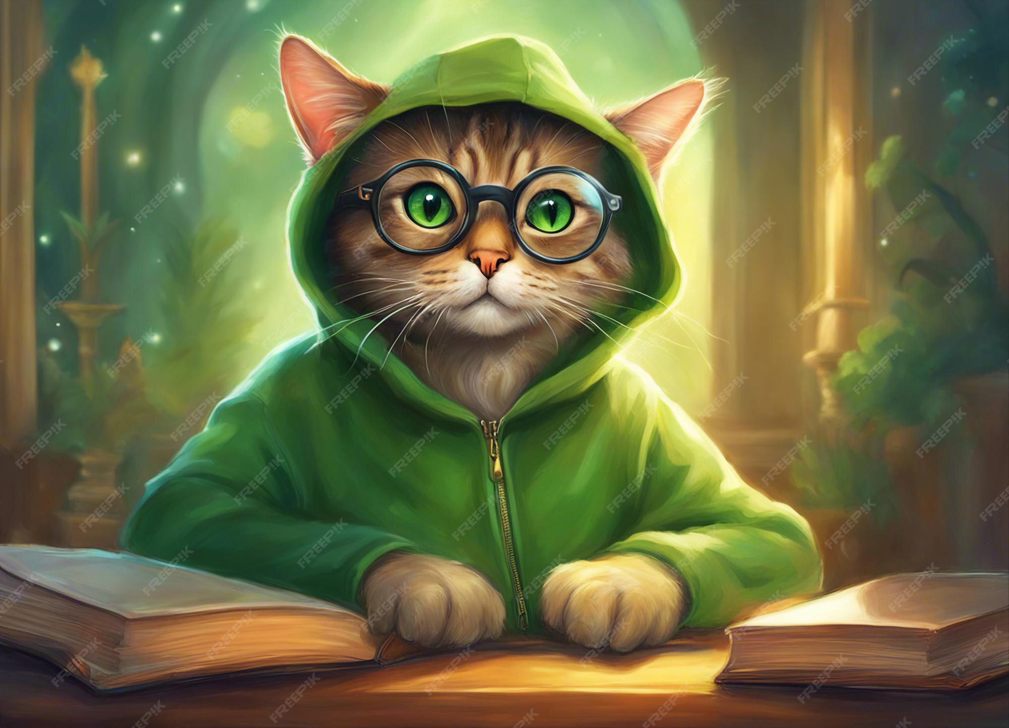 Premium Photo Cat With Glasses Cat In A Green Hoodie Round Glasses Ginger Cat Close Up