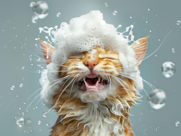 Cat With Soap Bubbles On Head Premium Ai Generated Image