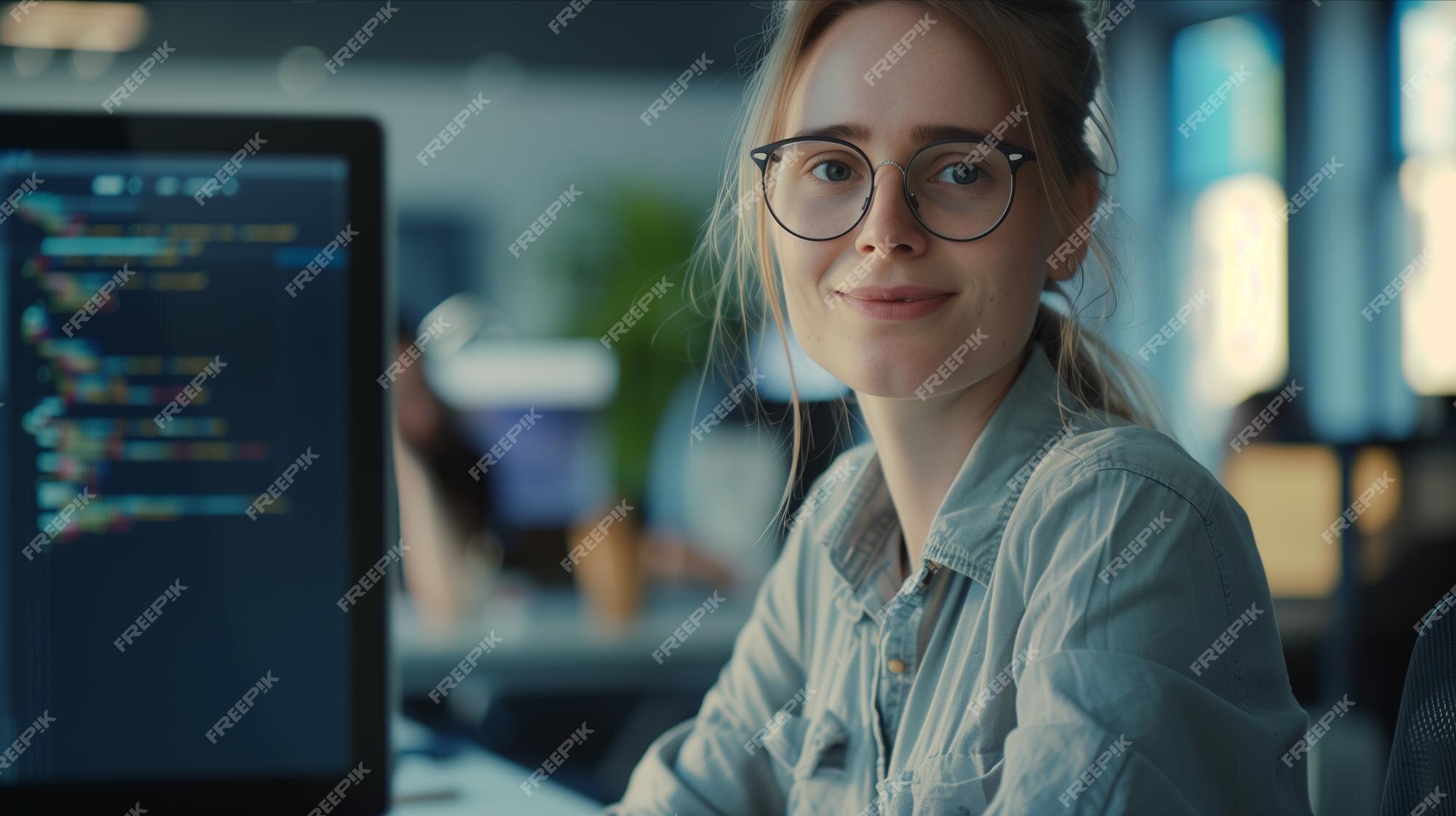 Caucasian Female Programmer Working Coding Computer Program In Office Premium Ai Generated Image