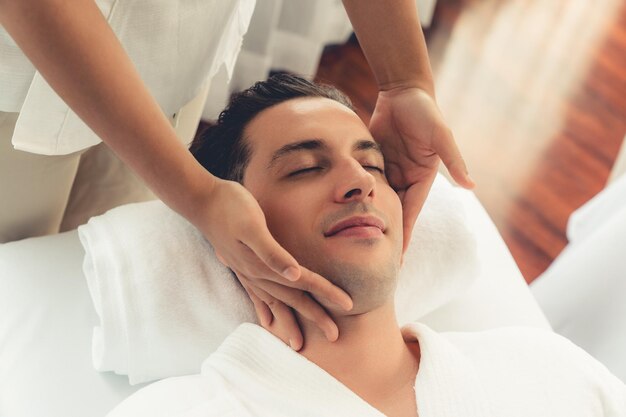 Premium Photo Caucasian Man Enjoying Relaxing Antistress Head Massage Quiescent