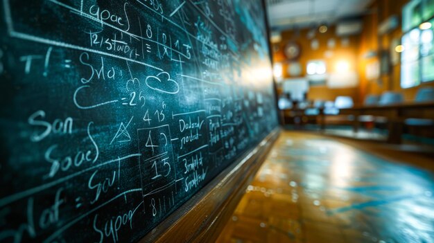 Chalkboard with complex mathematical equations in a bright classroom ... Chalkboard with complex mathematical equations in a bright classroom ...