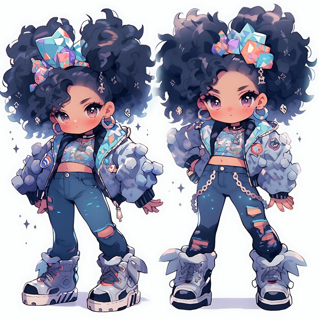 Premium Photo Character Anime Of Female Glam Rock Chibi Kawaii Glittery Fashion Metallic Skir