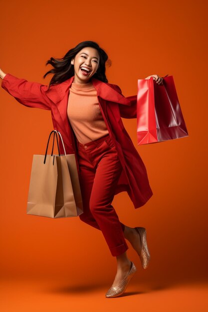 Cheerful Beautiful Asian Woman Holding Multi Coloured Shopping Bags And
