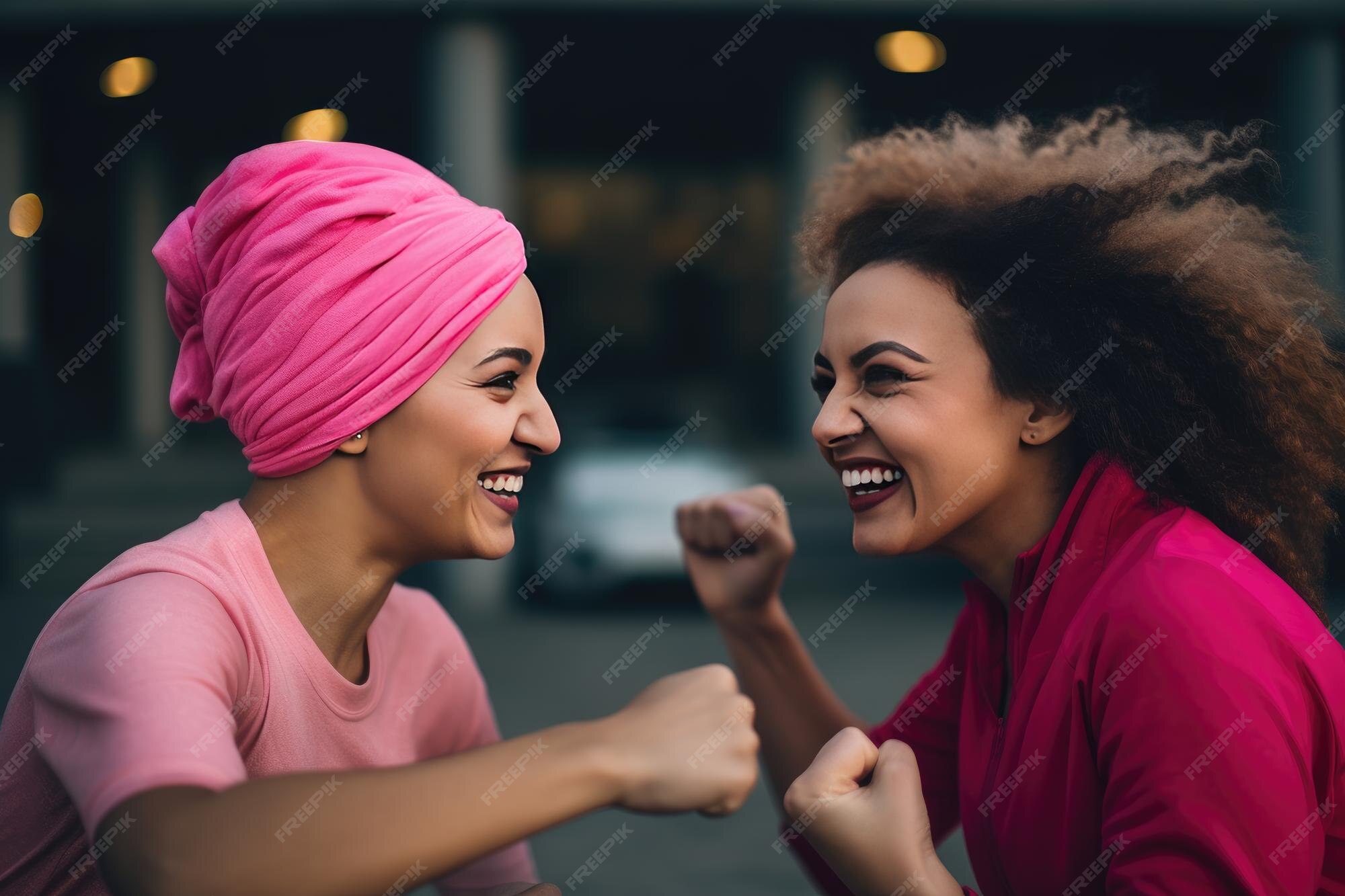 Premium Photo Cheerful Multicultural Women Wearing Pink Headbands Fighting Against Cancer