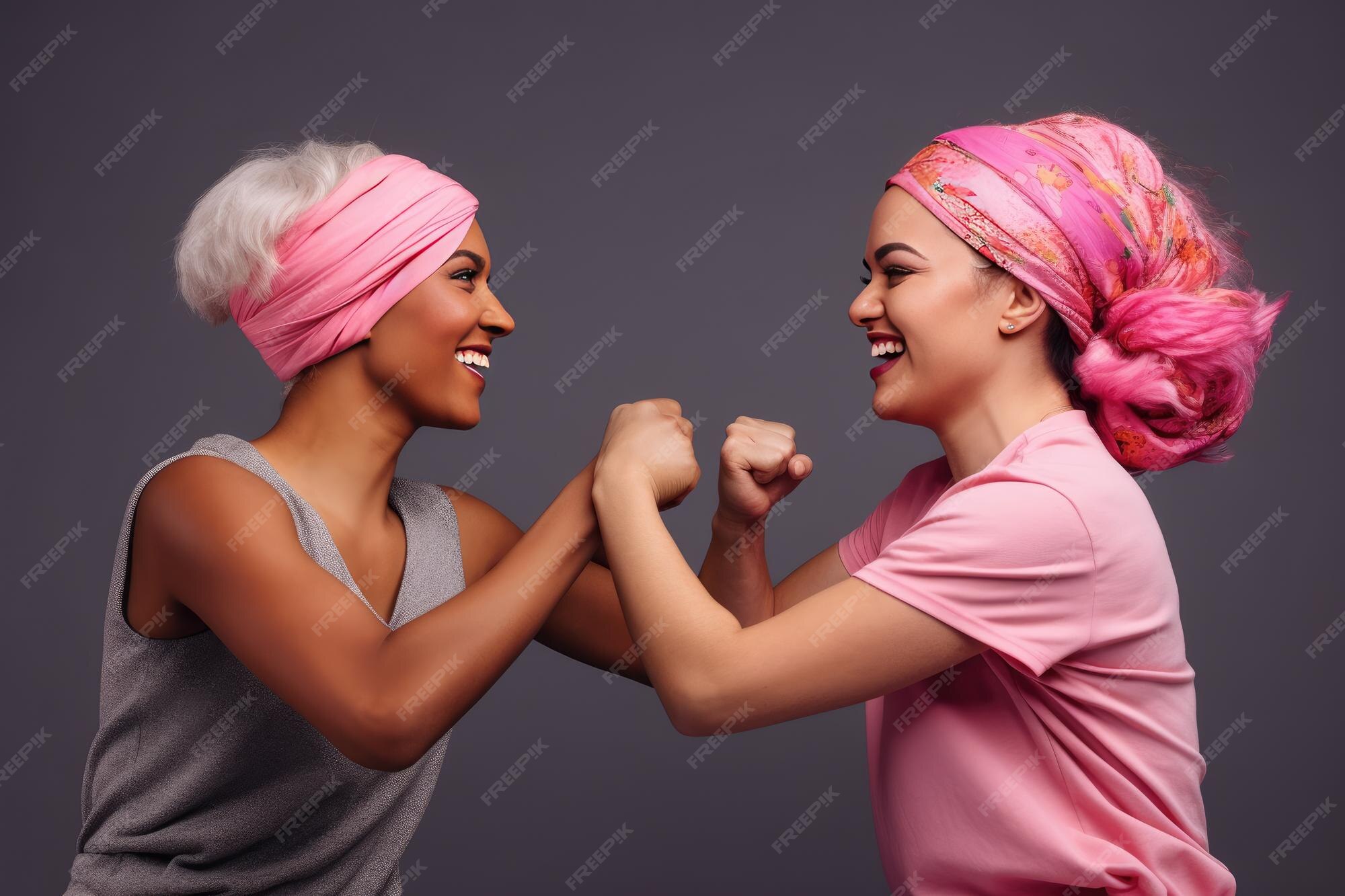 Premium Photo Cheerful Multicultural Women Wearing Pink Headbands Fighting Against Cancer