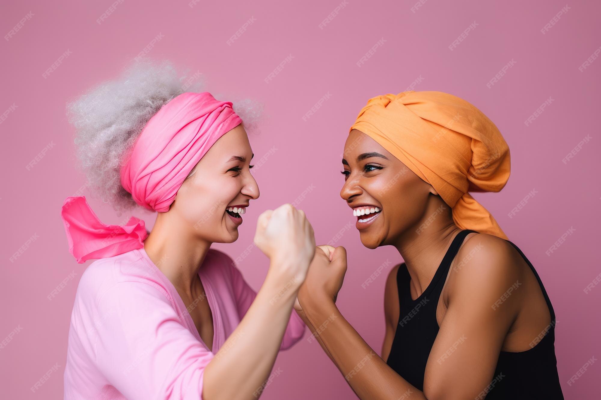 Premium Photo Cheerful Multicultural Women Wearing Pink Headbands Fighting Against Cancer