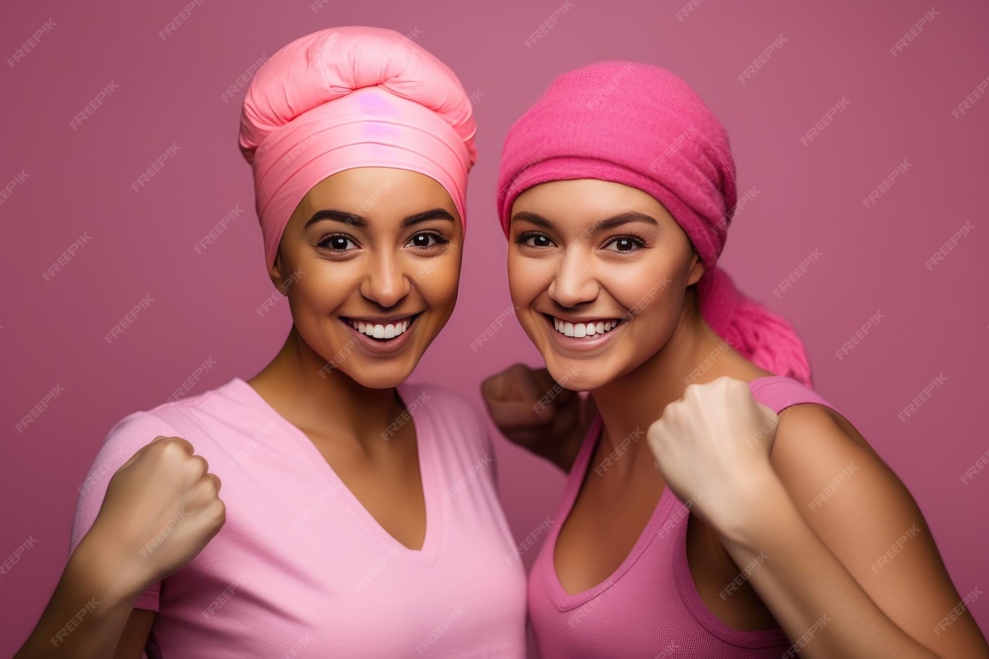 Premium Photo Cheerful Multicultural Women Wearing Pink Headbands Fighting Against Cancer