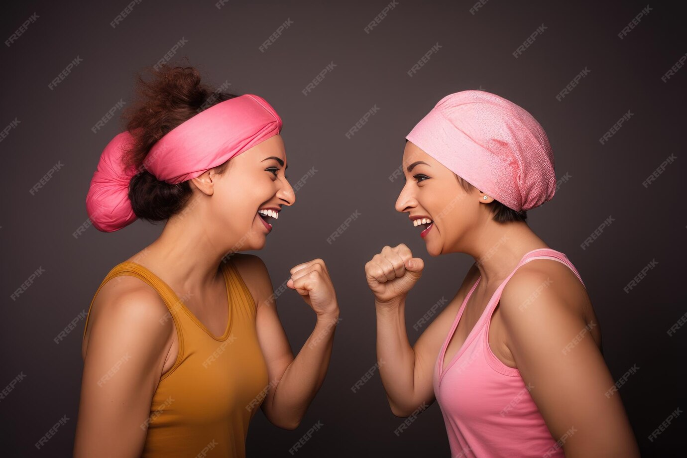 Premium Photo Cheerful Multicultural Women Wearing Pink Headbands Fighting Against Cancer