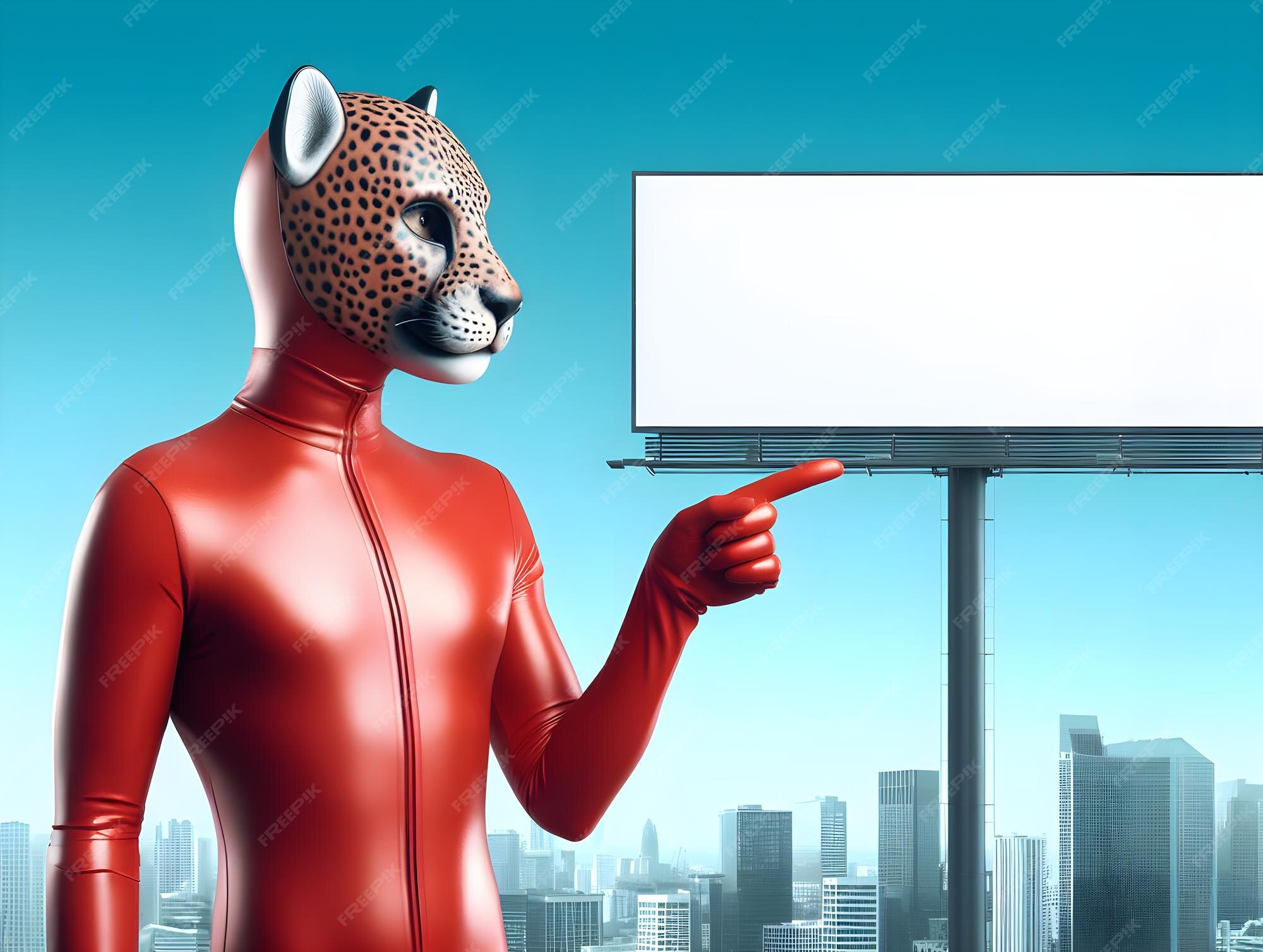Premium Photo Cheetah Masked Person In Red Suit Pointing At Billboard Cityscape With Sky Blue