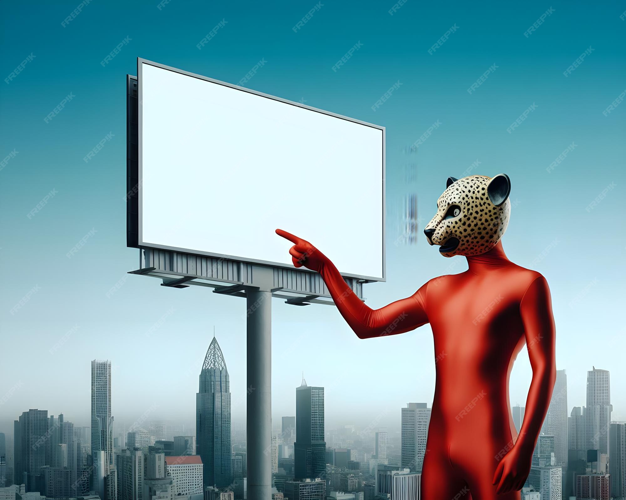 Premium Photo Cheetah Masked Person In Red Suit Pointing At Billboard Cityscape With Sky Blue