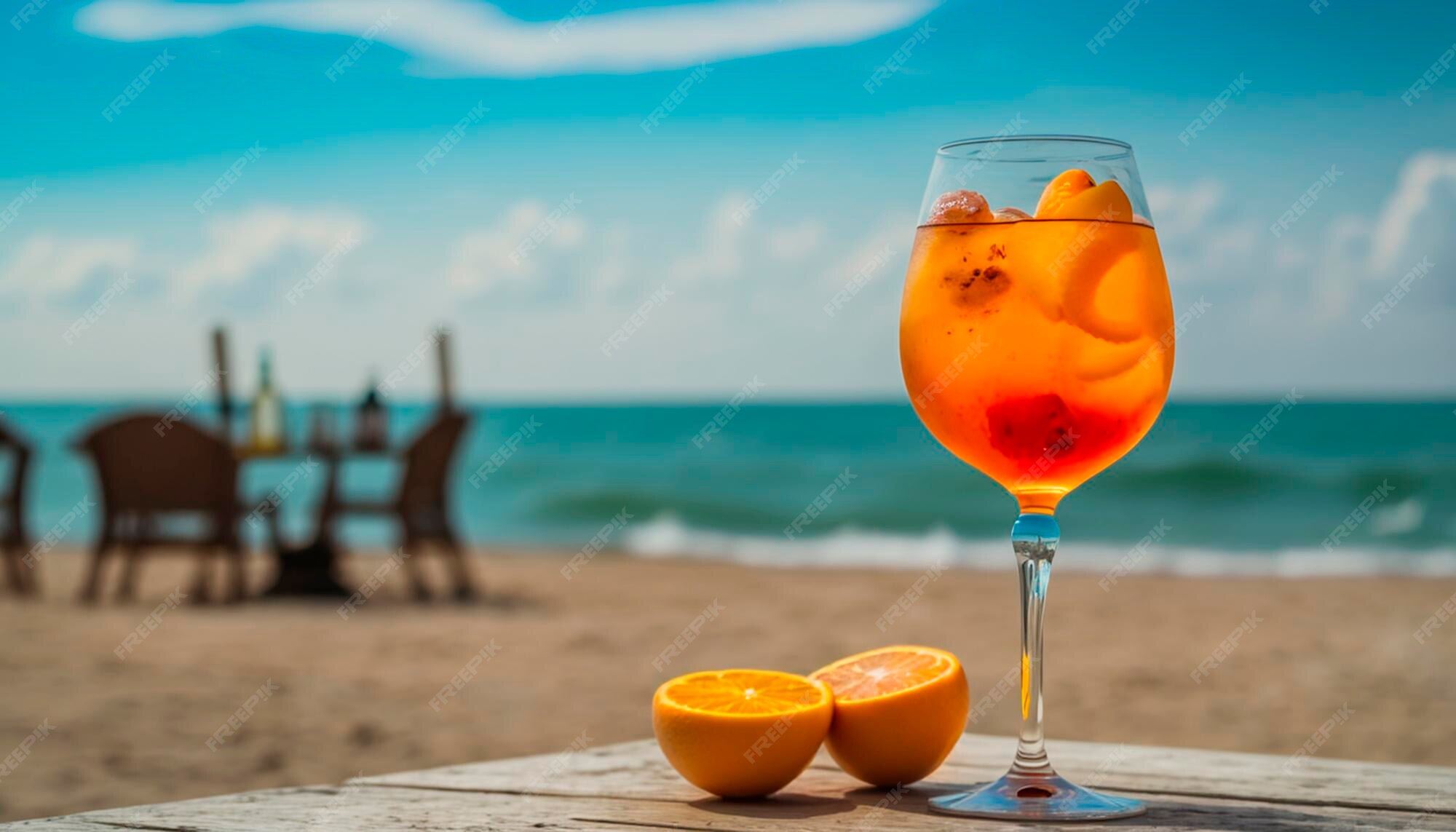 Premium Photo Chilled Aperol Cocktail On The Table On The Beach Generative Ai