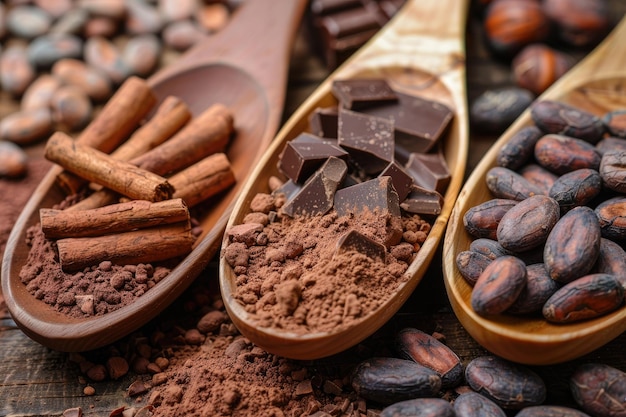 Chocolate bar cocoa powder cacao beans and nibs heap in wooden spoons ... Chocolate bar cocoa powder cacao beans and nibs heap in wooden spoons ...