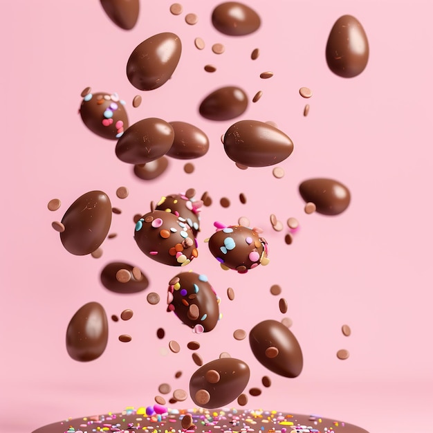 Premium Photo Chocolate Easter Eggs Falling On Pink Background 3d