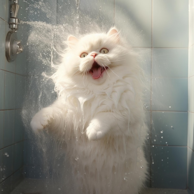 Premium Ai Image A Chubby White Cat Showering Generative Ai