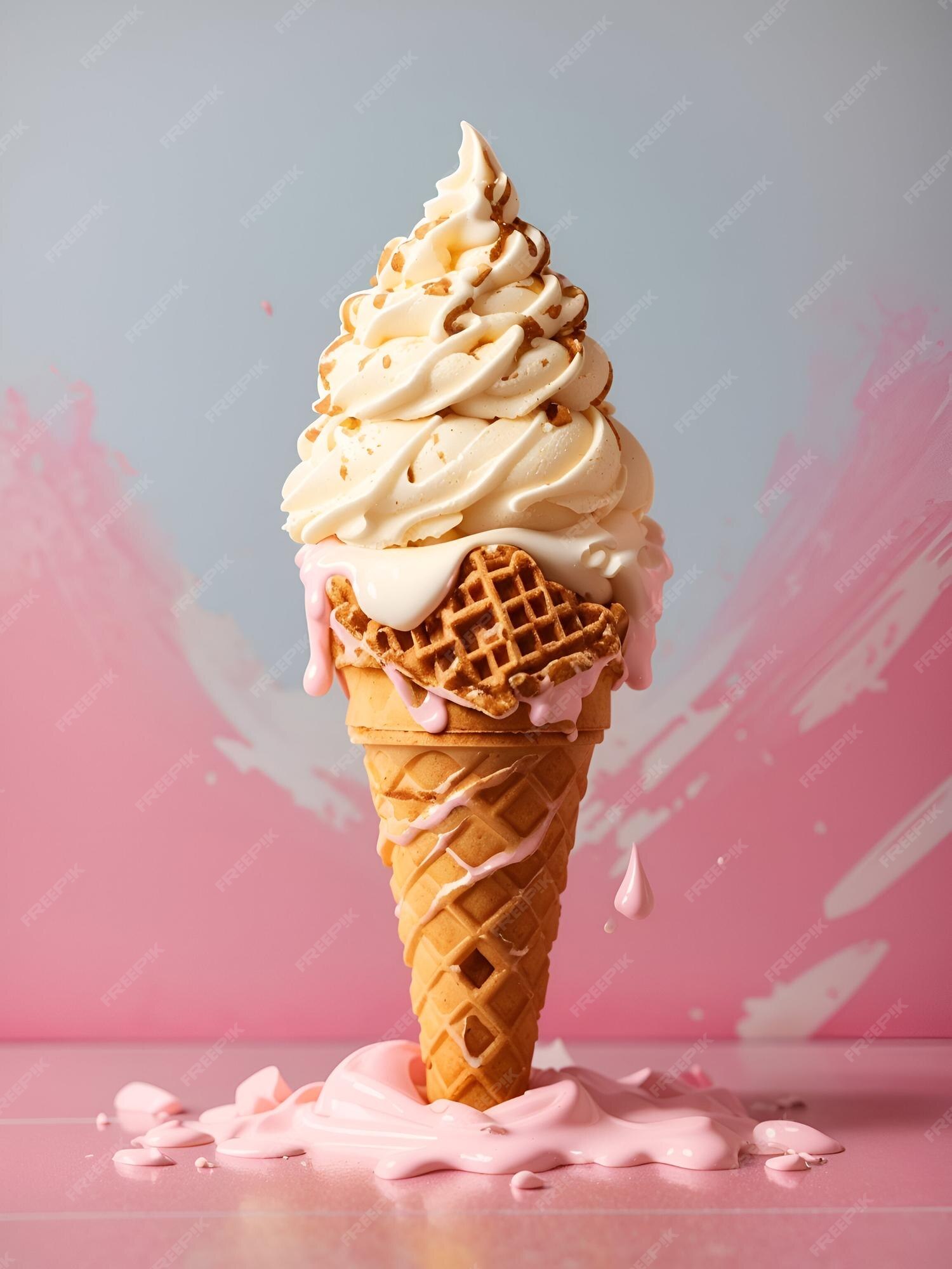 Premium Ai Image A Classic Vanilla Ice Cream Cone With A Golden Waffle Cone And Dripping With