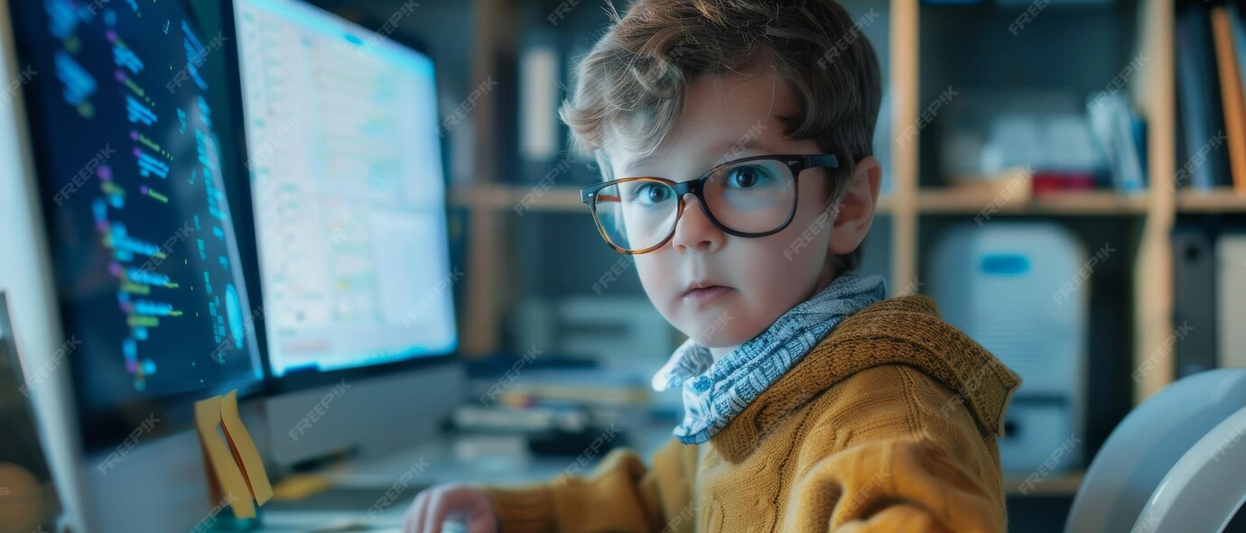 Premium Photo | Classroom computer science Cute little boy wearing ...
