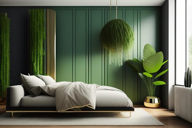 Premium Ai Image Clean Blank Sage Green Wall With Tropical Creeper Plant In Gray Sphere Pot On