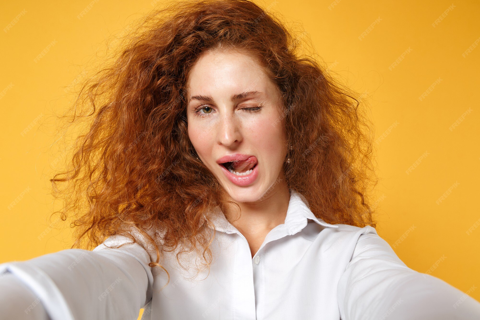 Premium Photo Close Up Of Blinking Young Redhead Woman Girl In White