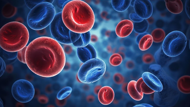 A close up of blood cells with red and blue blood cells in the ... A close up of blood cells with red and blue blood cells in the ...