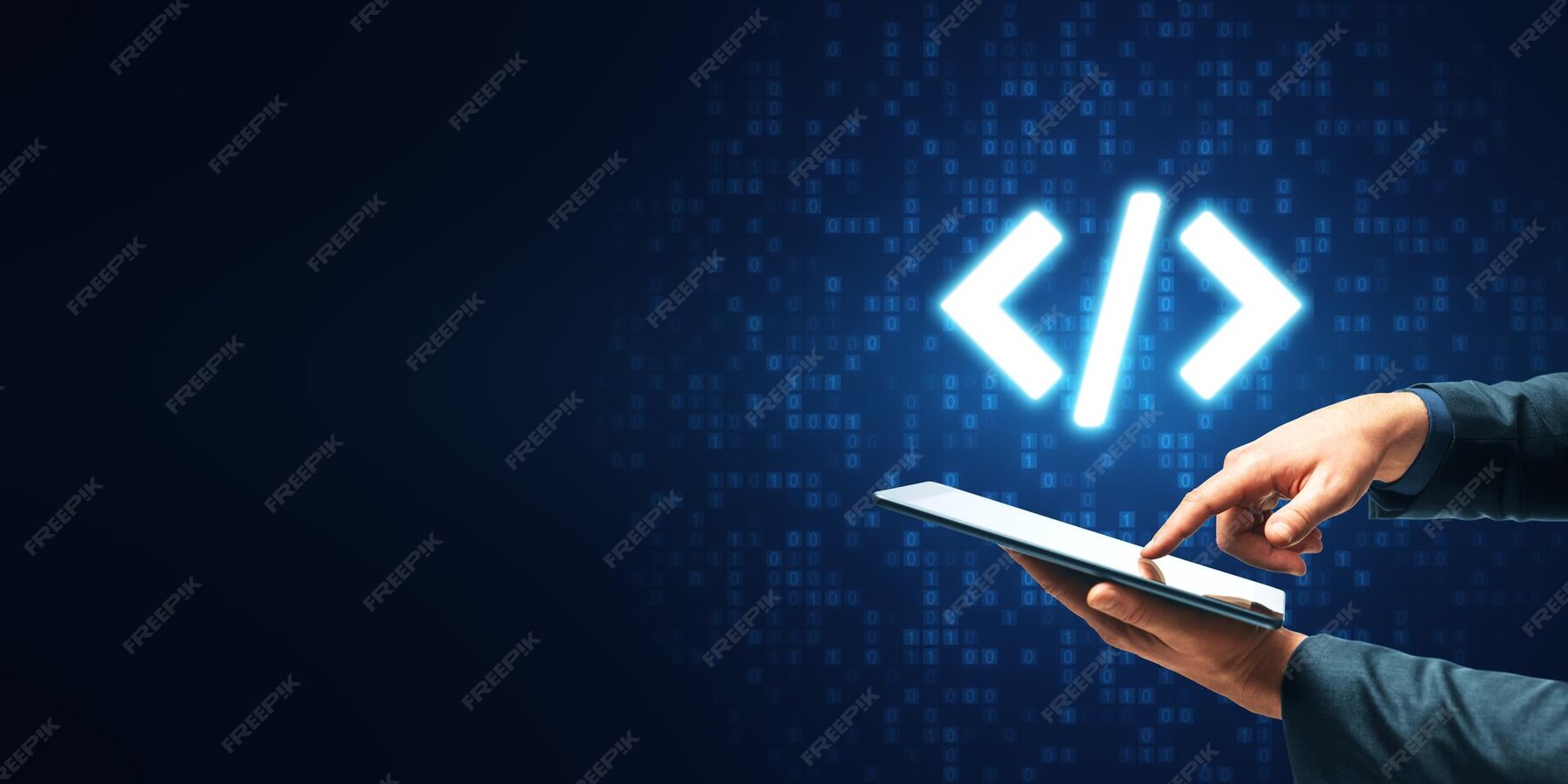 Premium Photo Close Up Of Businessman Hand Pointing At Tablet With Glowing Programming Code On