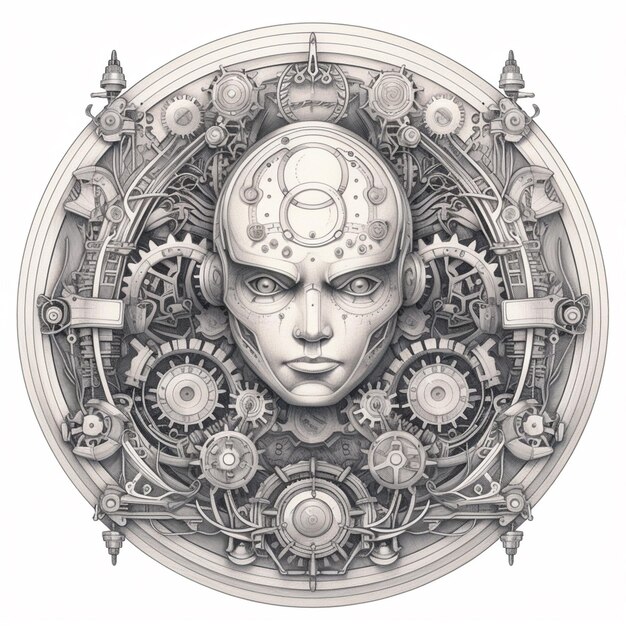 Premium Photo | A close up of a drawing of a face with gears and a ... Premium Photo | A close up of a drawing of a face with gears and a ...