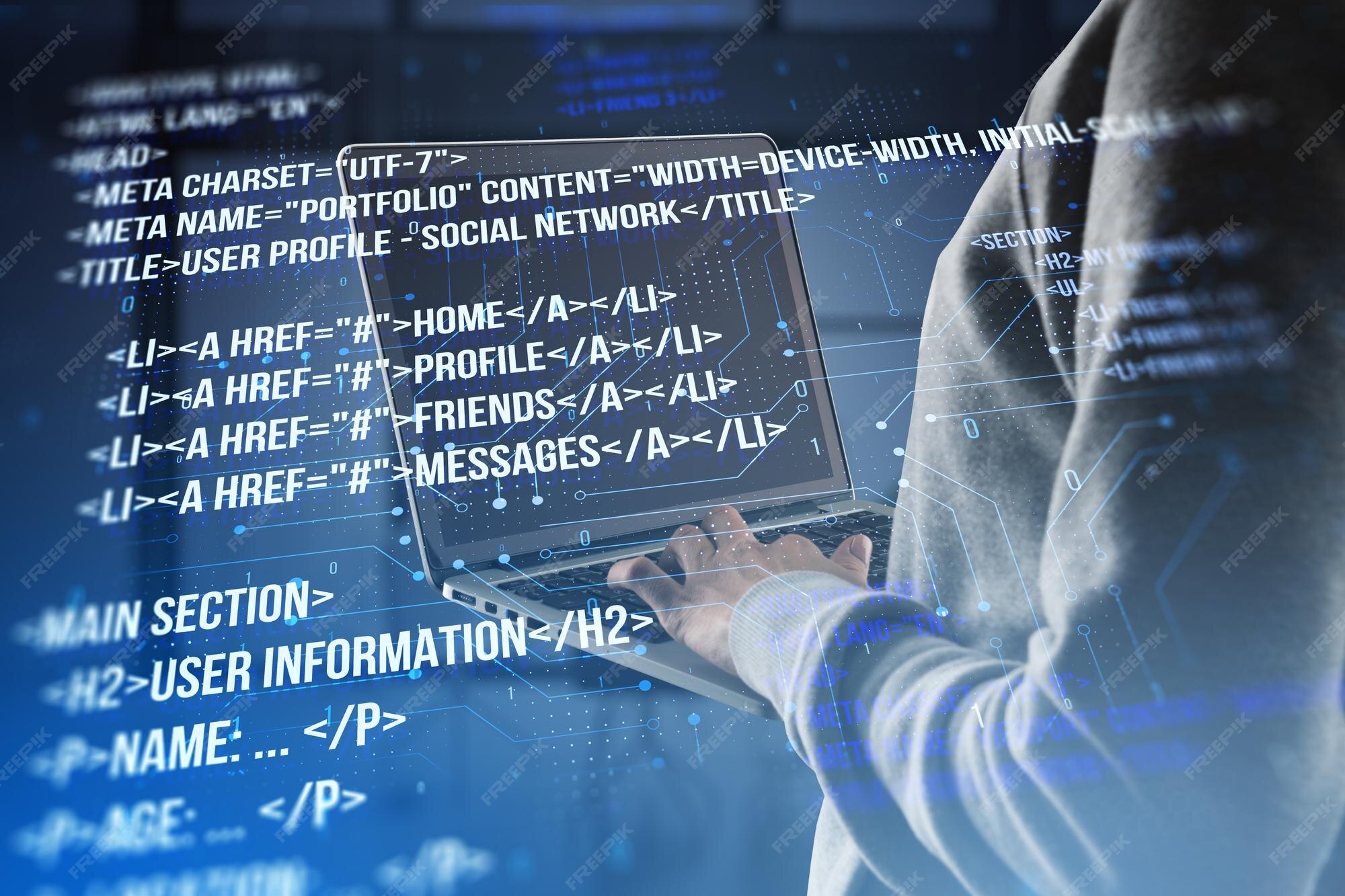 Premium Photo Close Up Of Hacker Using Laptop With Creative Digital Programming Language On 