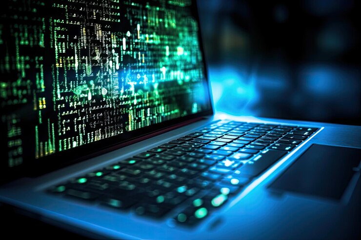 Close up of laptop with binary code on screen 3D rendering Coding programming developing typing ...