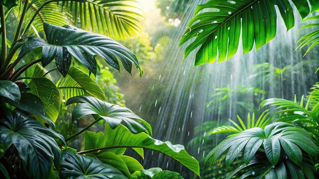 Close up of a lush tropical jungle rainforest background with vibrant foliage and glistening raindrops sunlight background ecosystem scenery denselush trees plants jungle fauna Premium AI generated im...