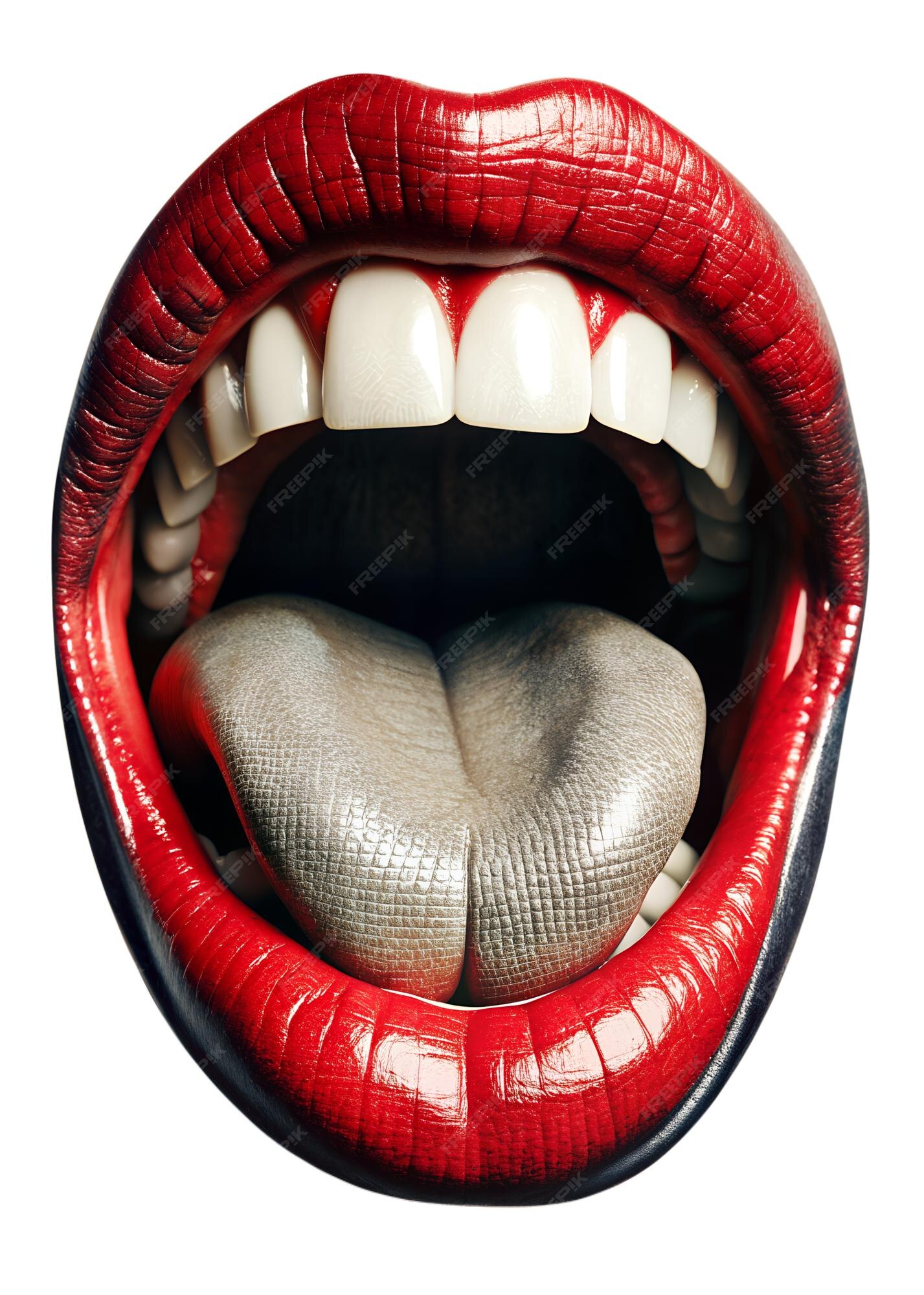 Close Up Of Open Mouth With White Teeth Tongue Sticking Out And Showing The Back Upper Part