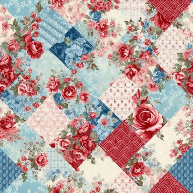 Premium Ai Image A Close Up Of A Patchwork Quilt With Roses And Blue