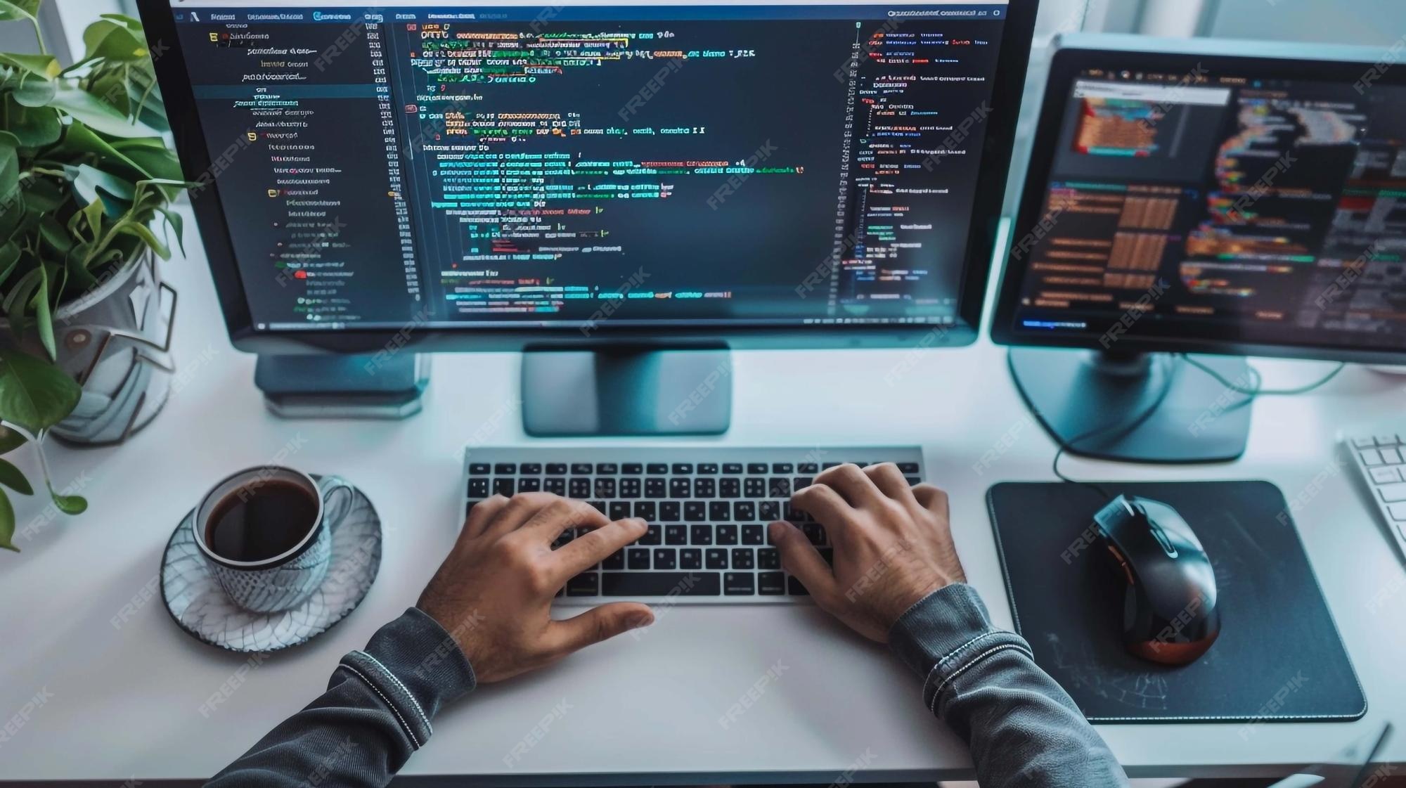 Premium Photo | Close up pov programmer working typing keyboard coding screen monitor computer ...