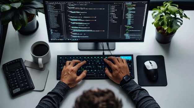 Close up pov programmer working typing keyboard coding screen monitor computer web development ...