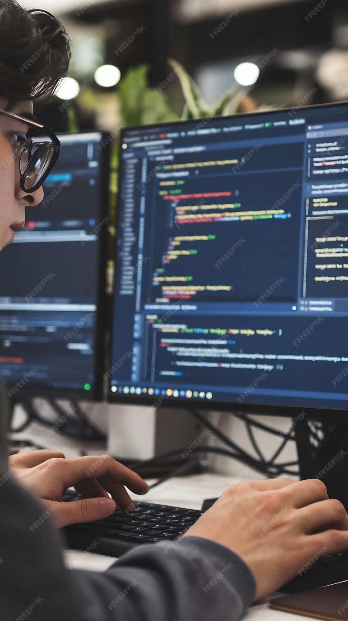 Close Up Of A Software Developer Working On A Desktop Computer Programming Code Running On