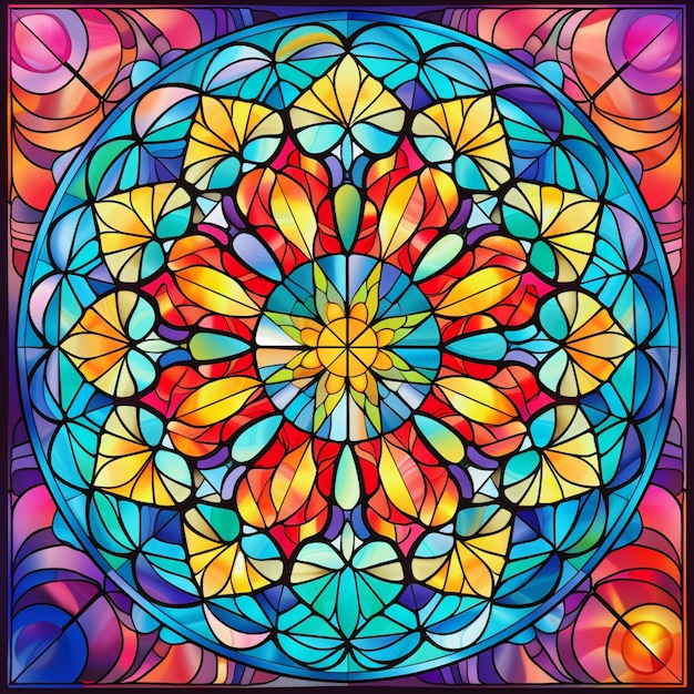 A Close Up Of A Stained Glass Design With A Flower Generative Ai Premium Ai Generated Image