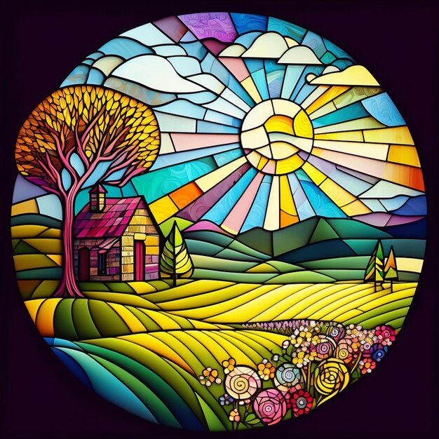 Premium Photo A Close Up Of A Stained Glass Window With A House And Trees Generative Ai