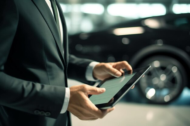 Close up of unrecognizable car salesman using digital tablet Close up ... Close up of unrecognizable car salesman using digital tablet Close up ...