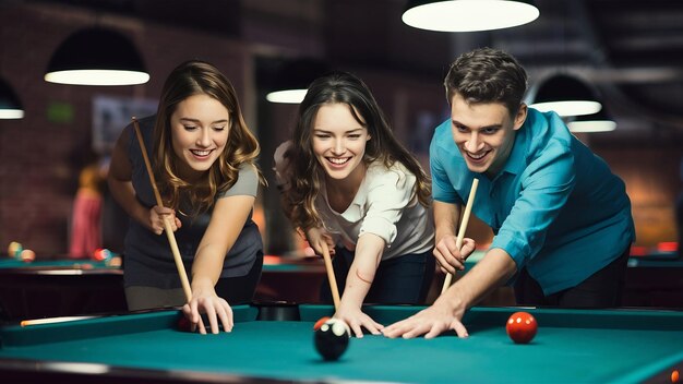 Premium Photo Close Up On Young Friends Having Fun While Playing Pool Game