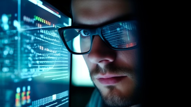 Premium Ai Image Closeup Of Coder In Goggles With Reflection Of Monitor With Code Working On