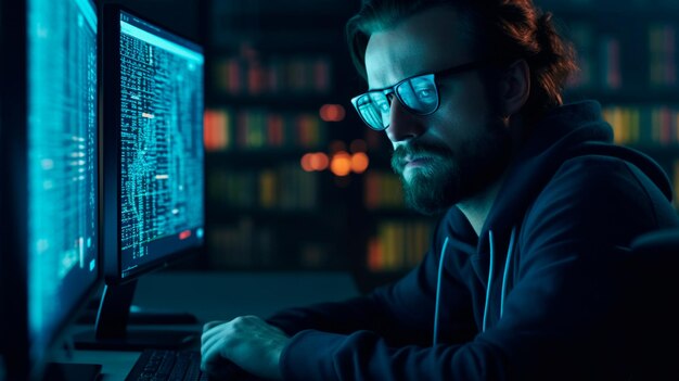 Premium Ai Image Closeup Of Coder In Goggles With Reflection Of Monitor With Code Working On