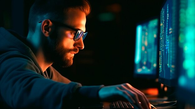 Closeup Of Coder In Goggles With Reflection Of Monitor With Code Working On Computer Developing