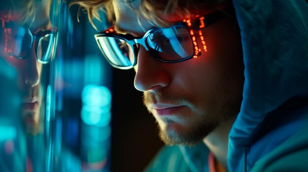 Premium Photo Closeup Of Coder In Goggles With Reflection Of Monitor With Code Working On