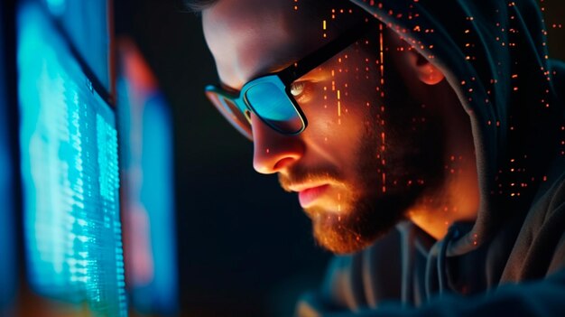 Premium Photo | Closeup of coder in goggles with reflection of monitor with code working on ...