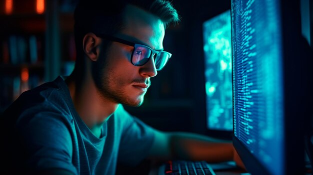 Premium Photo Closeup Of Coder In Goggles With Reflection Of Monitor With Code Working On