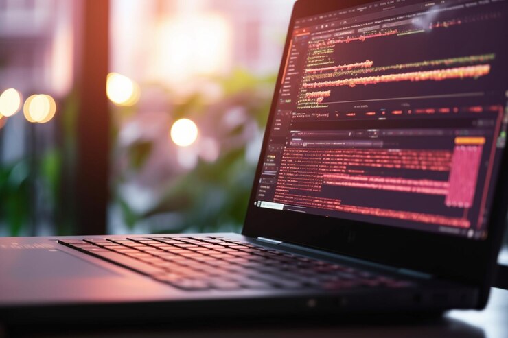 Closeup computer code on screen man programmer software developer coding and programming on ...