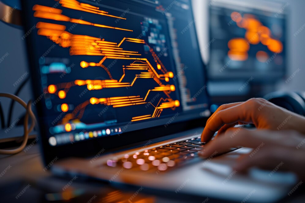 Closeup computer screen with complex data visualizations processed by ...