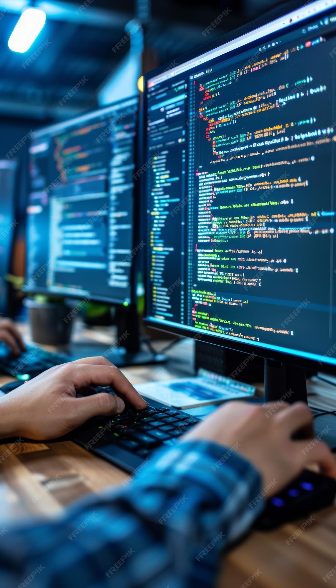 Premium Photo | CloseUp of Developers Coding in Python JavaScript and Java on Multiple Monitors ...