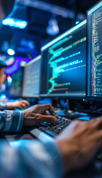 Premium Photo | CloseUp of Developers Coding in Python JavaScript and Java for Software ...