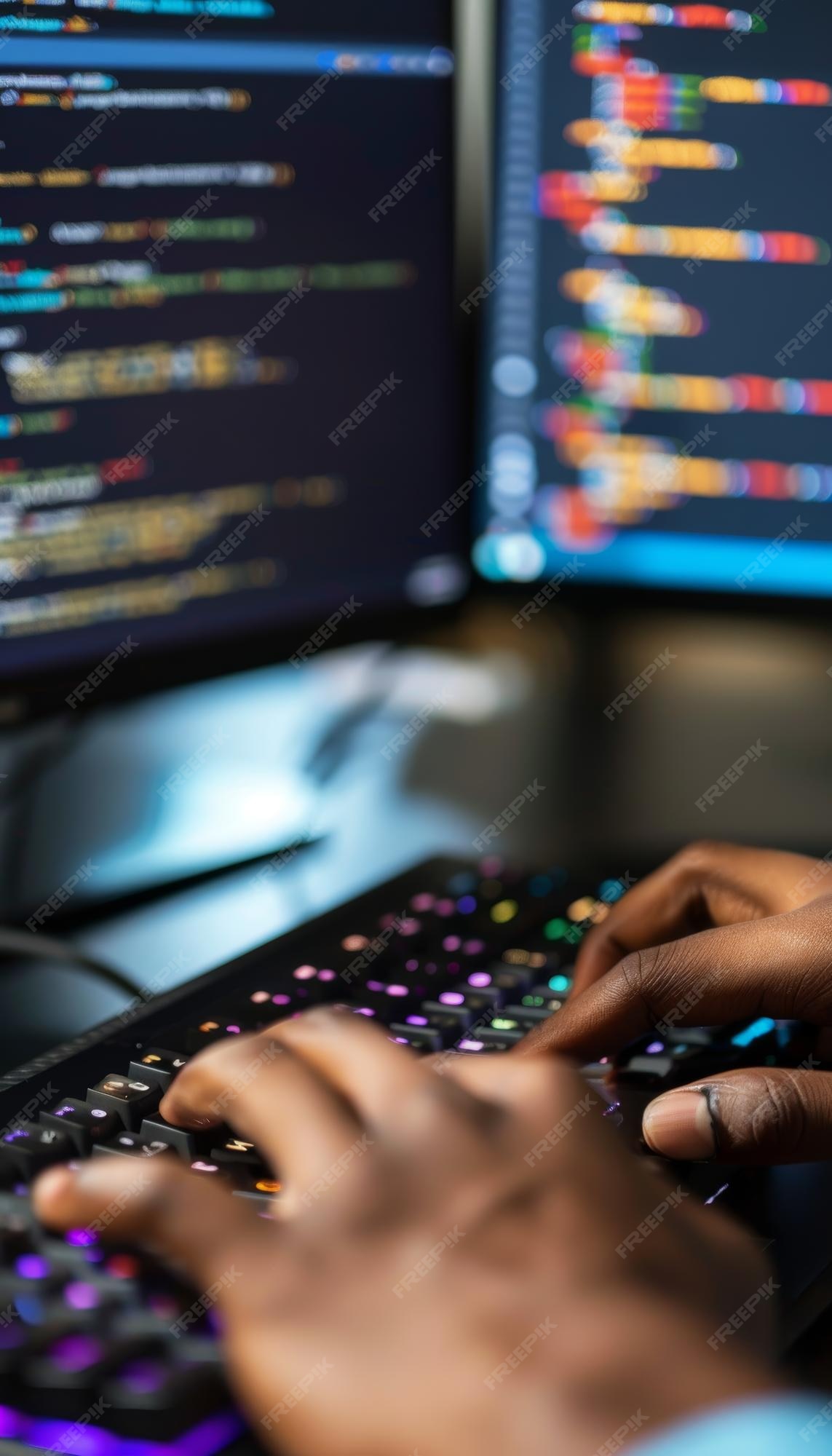 Premium Photo | CloseUp of Hands Typing Code on Keyboard with Python and JavaScript on Monitor